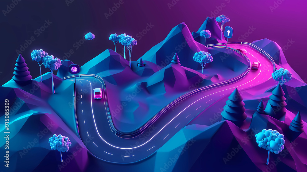 Road infographics. Winding road with 3d signs. Car the path specifies ...