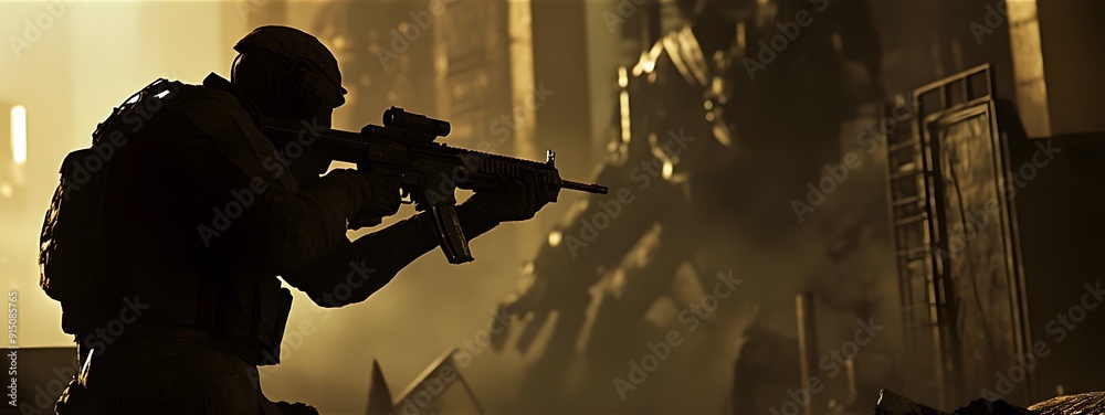 A gritty dieselpunk inspired war movie scene featuring a rugged soldier ...