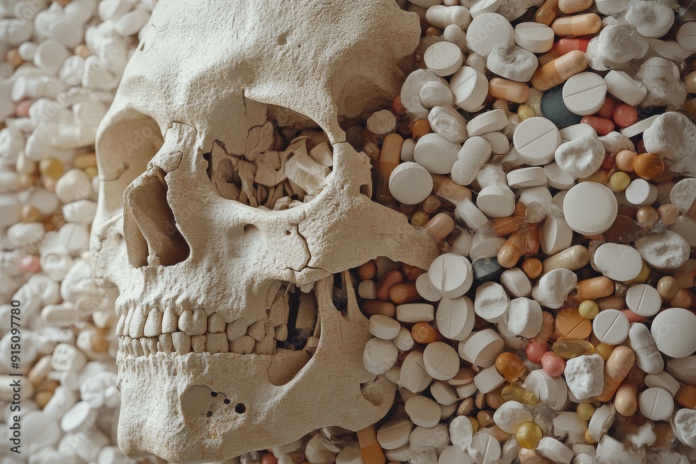 Human Skull Surrounded by Hundreds of White and Brown Capsules ...