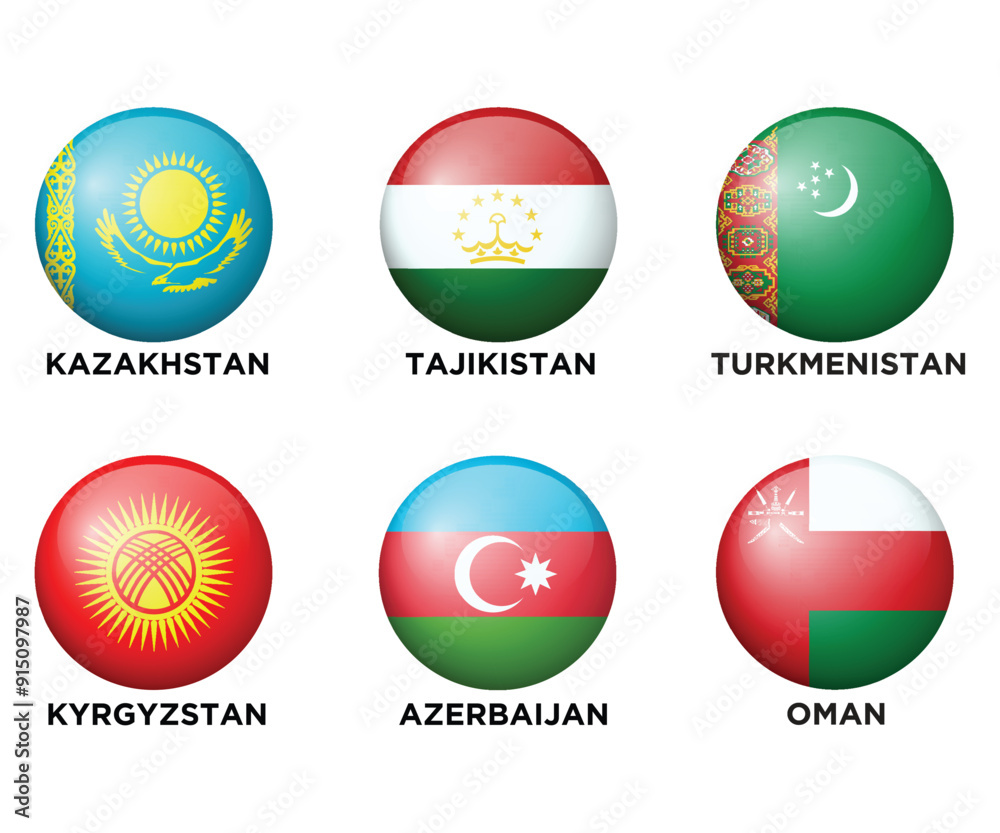 Set of 6 Asian Countries Realistic 3d flags in round shape icons. Asian ...