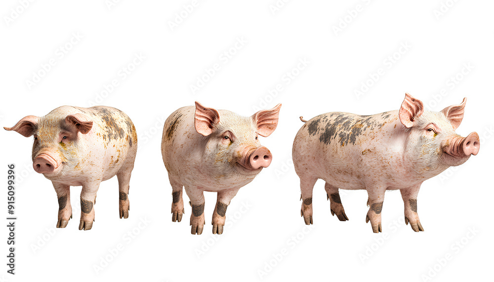 three big pigs, different angle, isolated far apart on transparent ...
