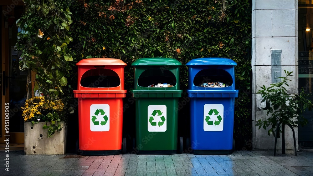 Color-coded waste bins for sorting different types of waste, promoting ...