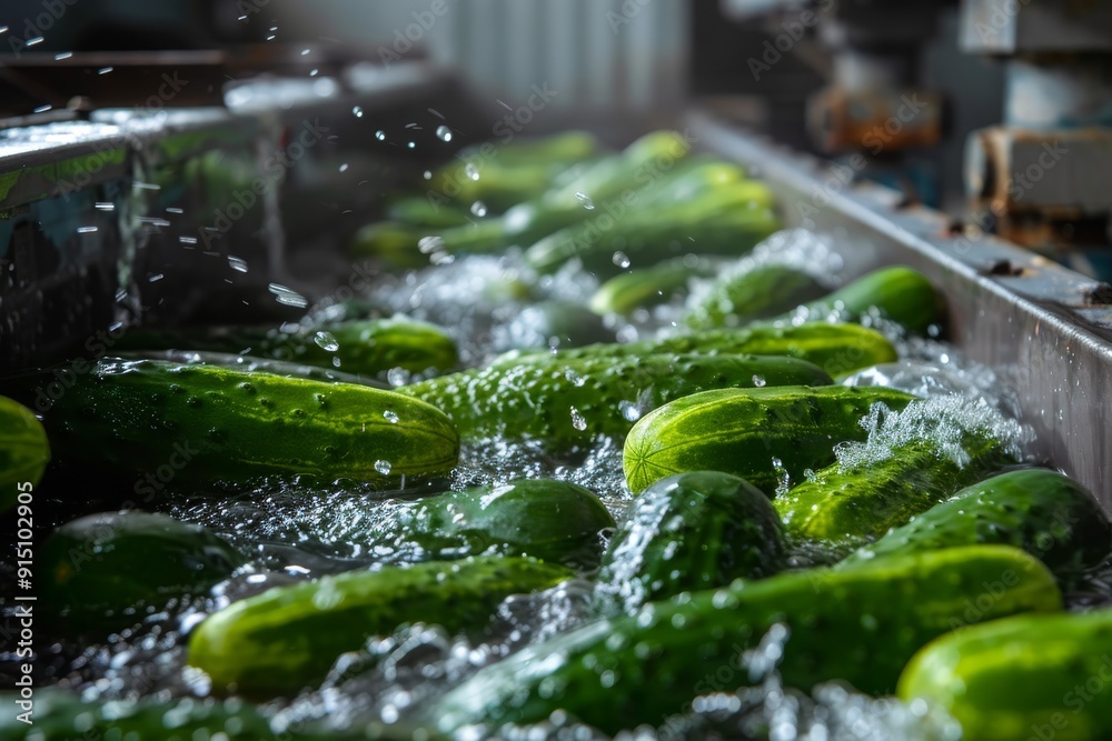 Washing Many Cucumbers, Cucumbers Automated Washing Line, Vegetable ...