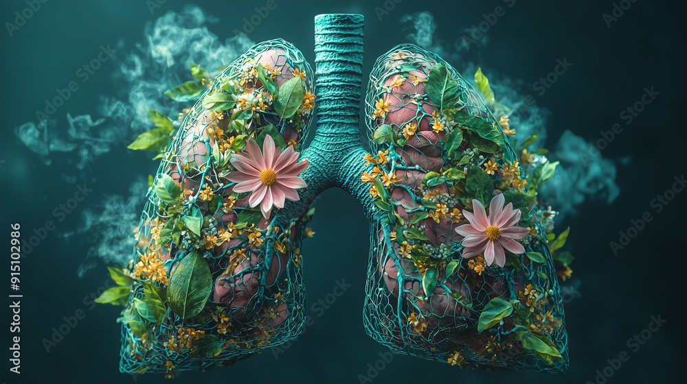 Human lungs intertwined with flowers and leaves, symbolizing ...
