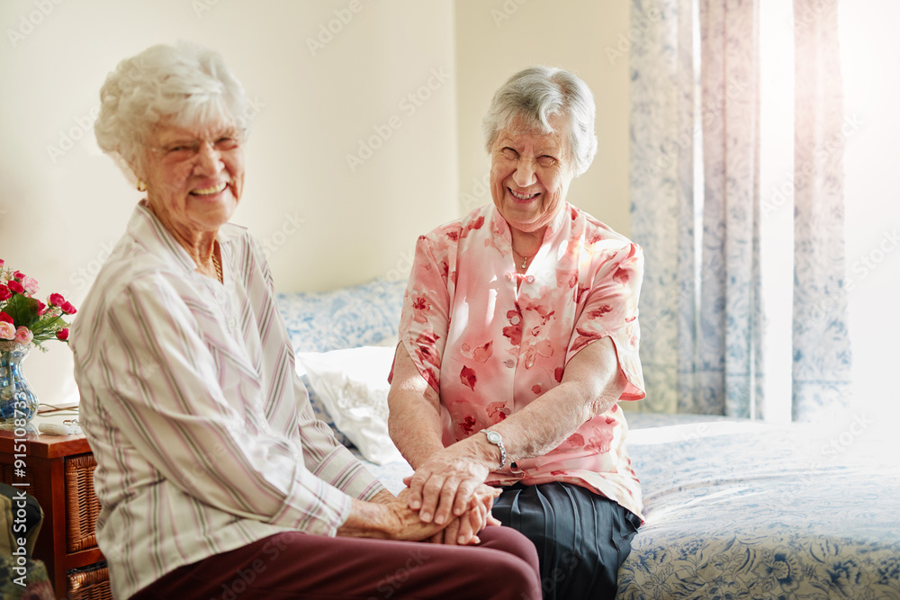 Holding hands, conversation and senior women in home for bonding ...