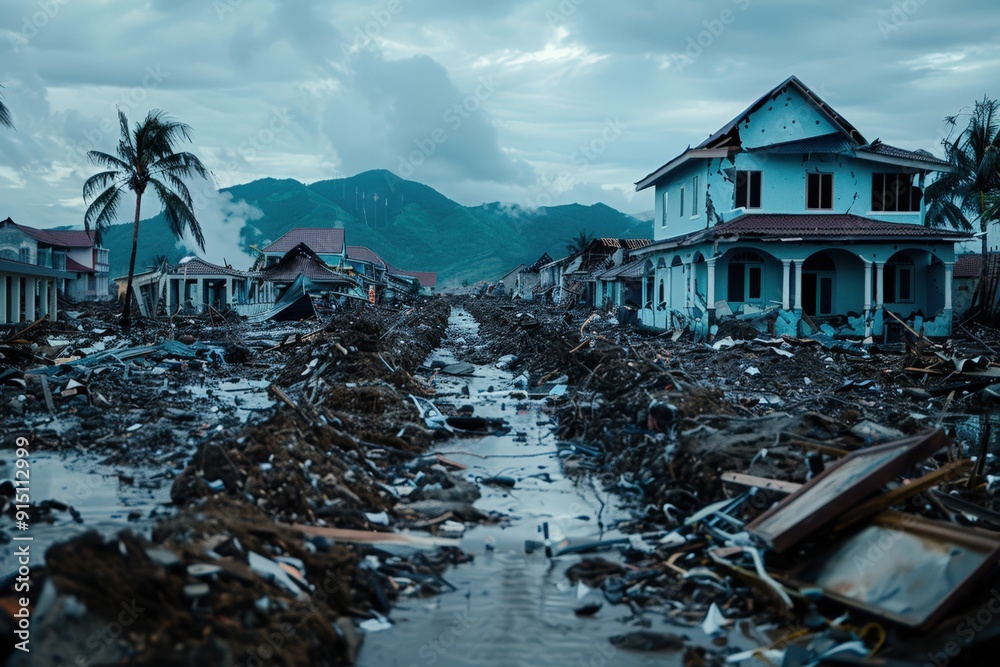 Community members navigate through the mud and debris left by a natural ...