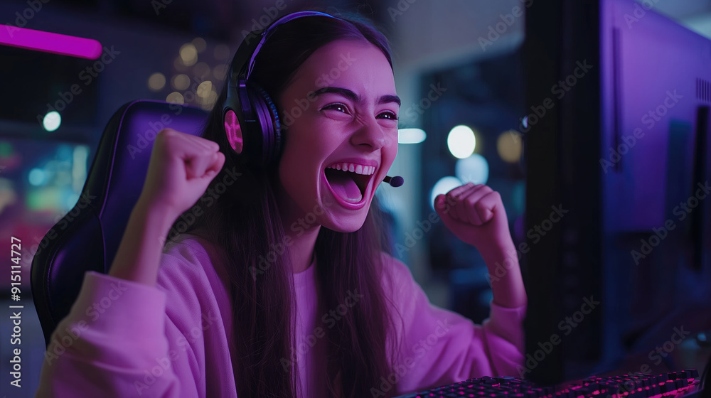 Portrait of a young happy girl after winning a video game. Celebrating ...