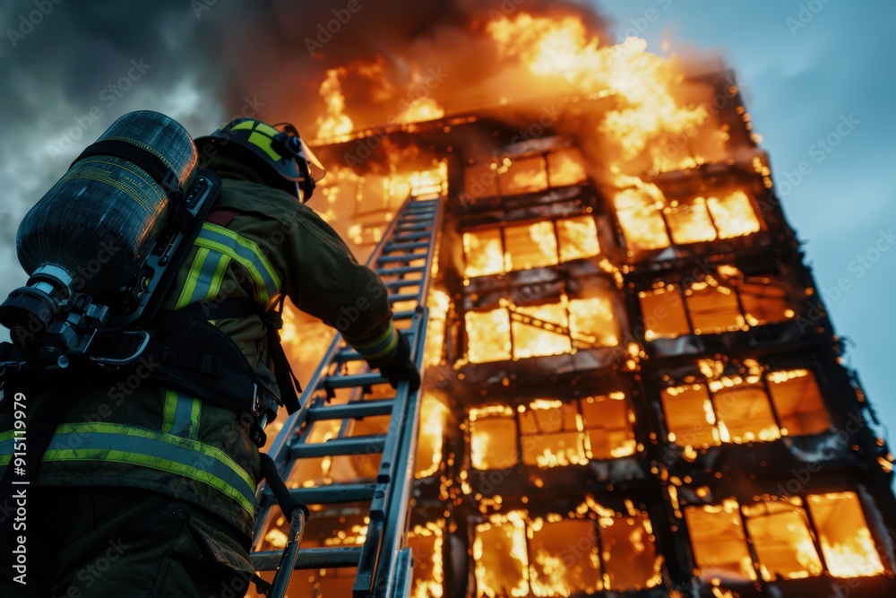 A courageous firefighter ascends a tall ladder to tackle a high-rise ...