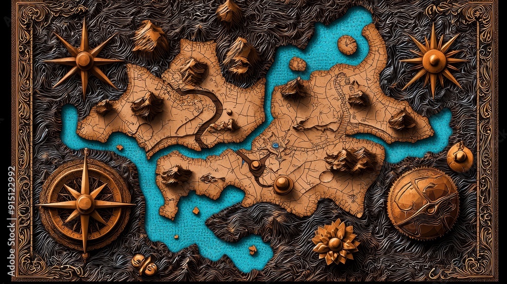Intricate vintage map featuring islands, compass, and textured details ...