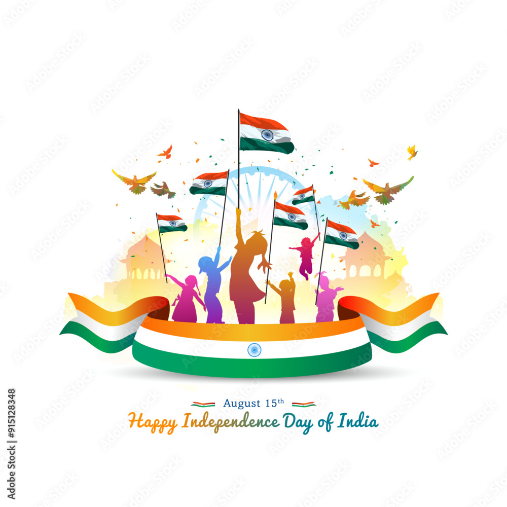 Greeting card for independence day of India. Children kids celebrating ...