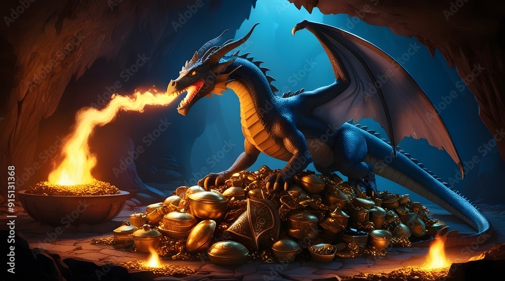 Dragon’s Lair A majestic dragon perched atop a hoard of treasure in a ...