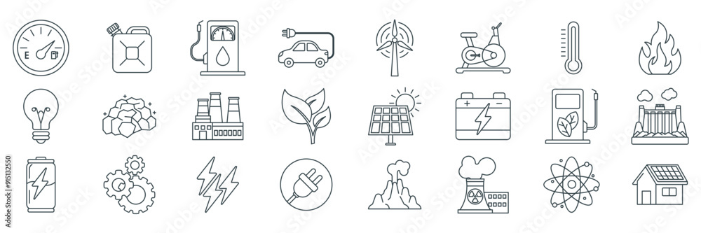 Energy icons set, Included icons as Atom, Battery, Wind Turbine, Light ...