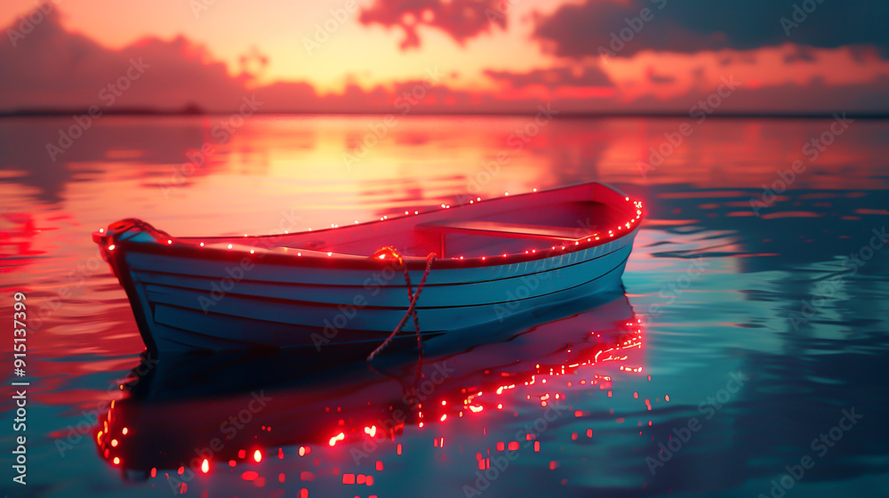 Realistic photo of a magical electric boat, beautiful elements ...