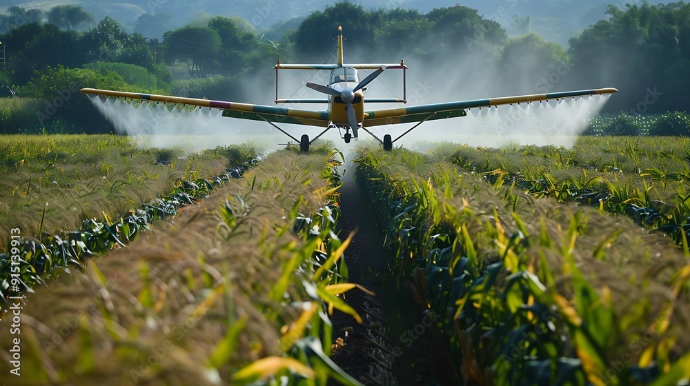 Using a low flying crop duster maize fields are treated with pesticide ...