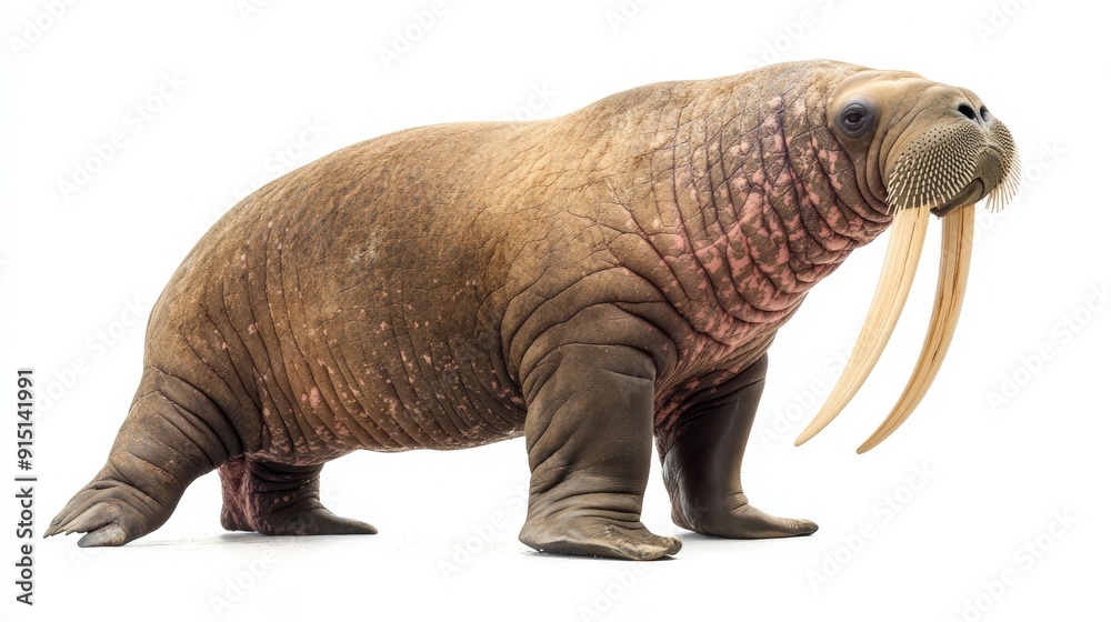 Majestic walrus with long tusks in side profile on white background ...