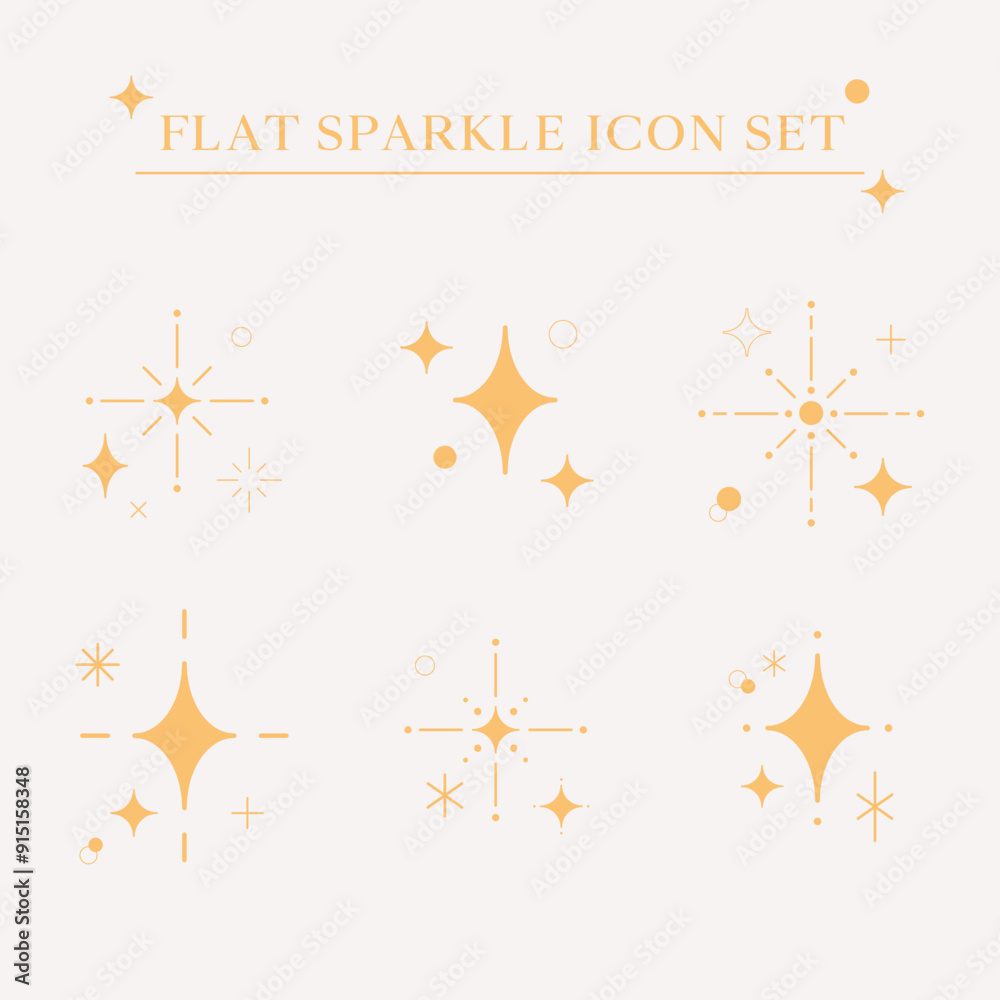 Cute flat simple minimal line illustration set of sparkle twinkle star icon elements. Manga ...