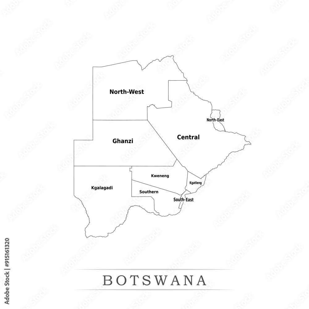 Administrative regions of Botswana. Province, state, division name with ...