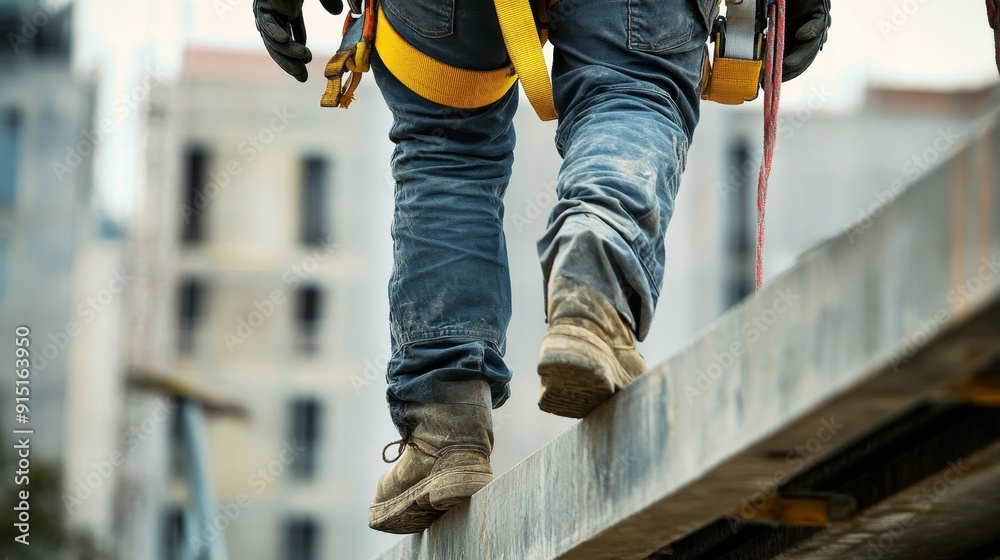 Balancing Act - Construction Worker on Narrow Beam with Fall Protection ...