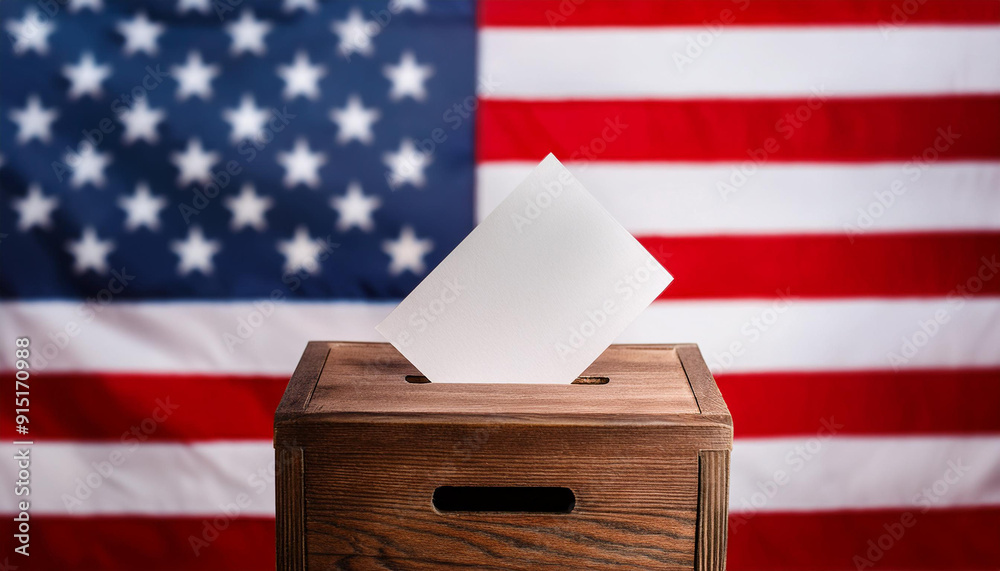 Blank Voting Ballot Being Cast into Wooden Ballot Box with American ...
