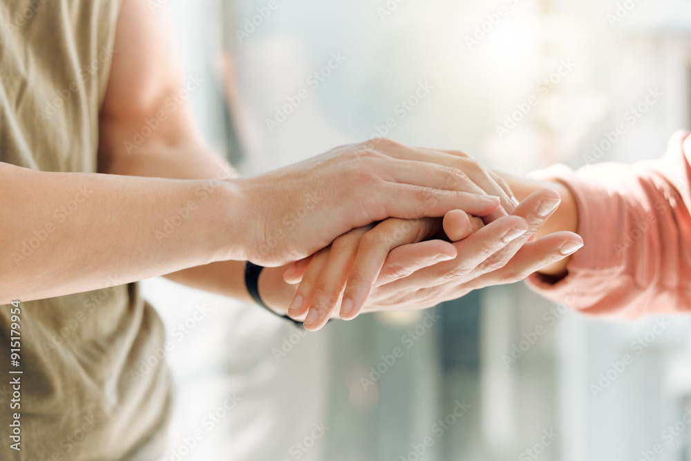 Home, couple and holding hands for support, compassion and empathy with ...