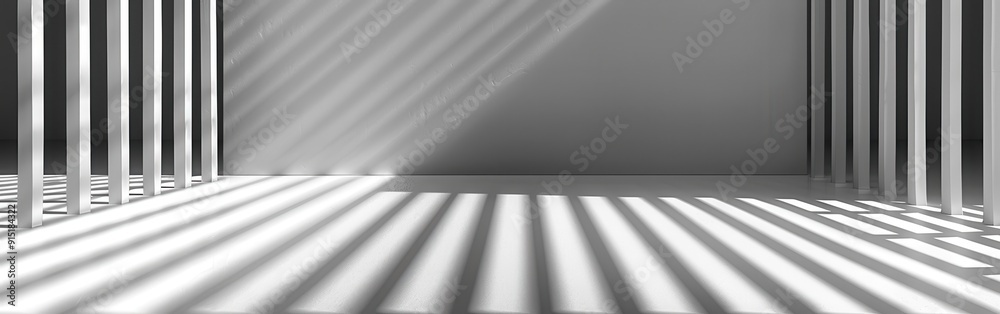 Sunlight shines through a white slatted fence, casting long, parallel ...