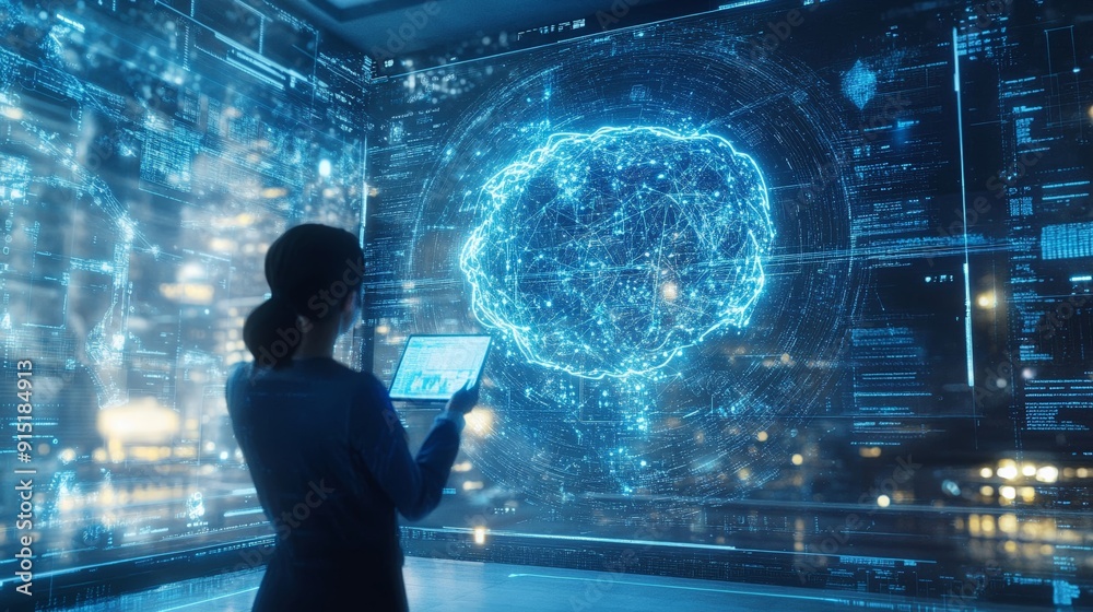 Futuristic think tank with AI tools analyzing research insights ...