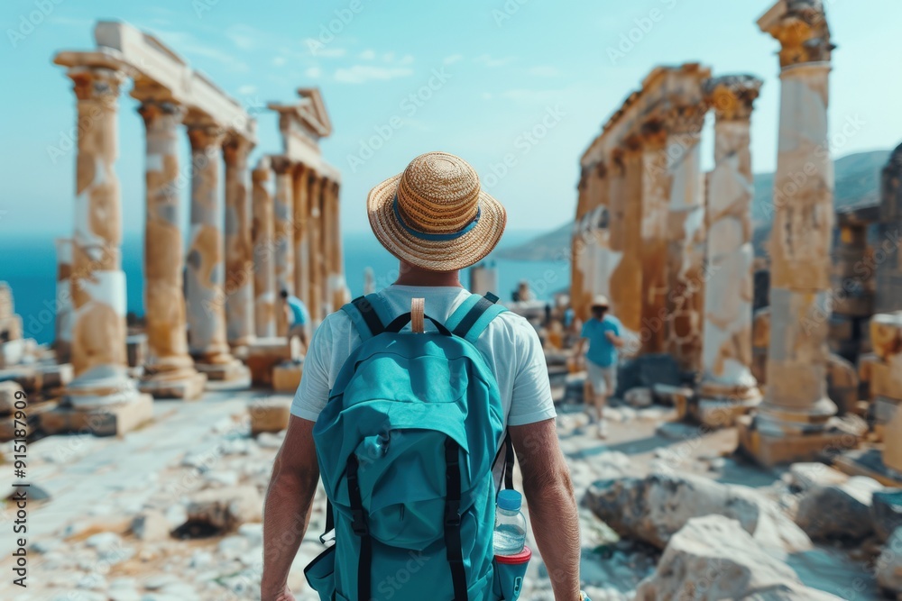 A traveler with a backpack admiring ancient Greek ruins, showcasing the ...