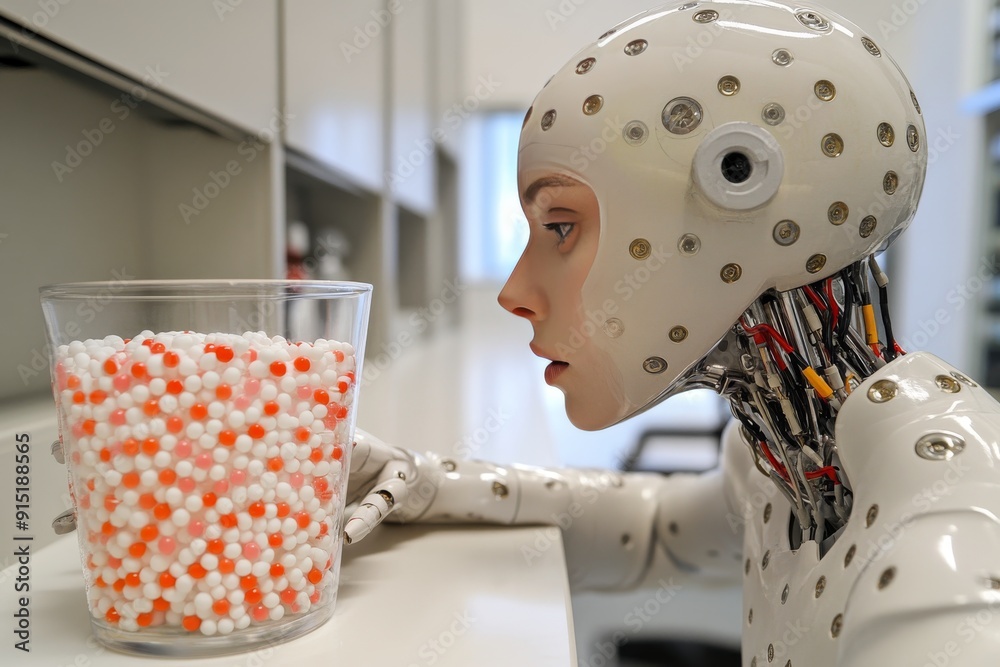 Humanoid Robot Leaning Over a Beaker of Orange Capsules Depicting the ...