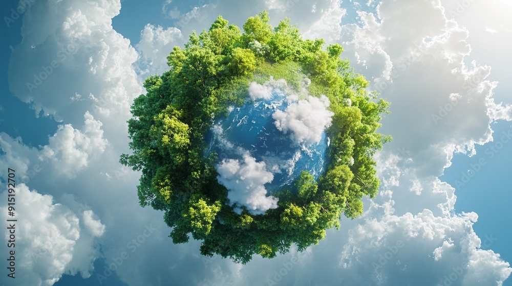 360 degree view of a verdant miniature world with trees fluffy white ...