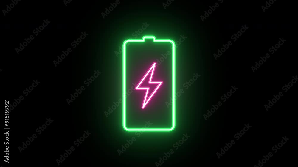 Neon electric battery icon, color shift animation. Glowing neon battery ...