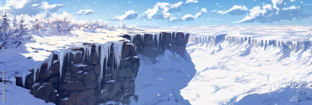 Animated-Style Snowy Cliff Overlooking a Pristine Icy Landscape ...