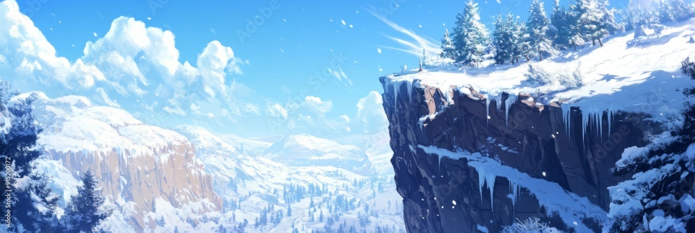 Animated-Style Snowy Cliff Overlooking a Pristine Icy Landscape ...