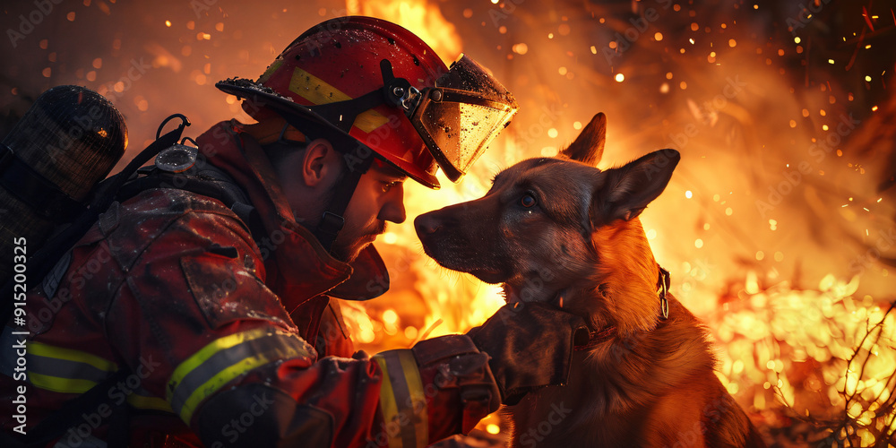 A firefighter in full gear with a dog by his side in a scene of fire ...