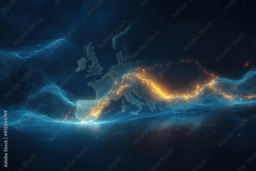 abstract map of western europe rendered in glowing network lines ...