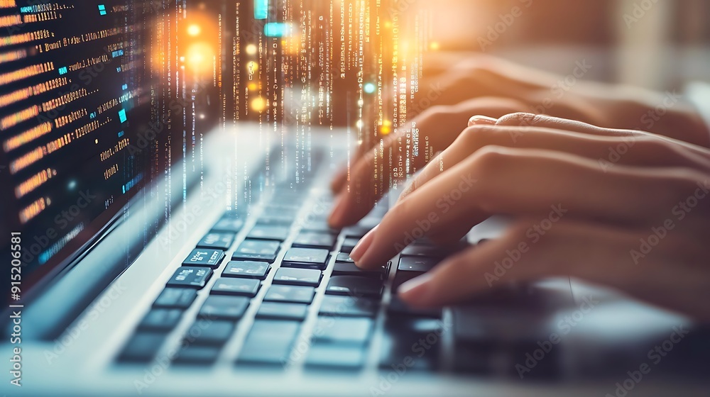 Hands typing on a laptop keyboard with code snippets, representing data ... Hands typing on a laptop keyboard with code snippets, representing data ...