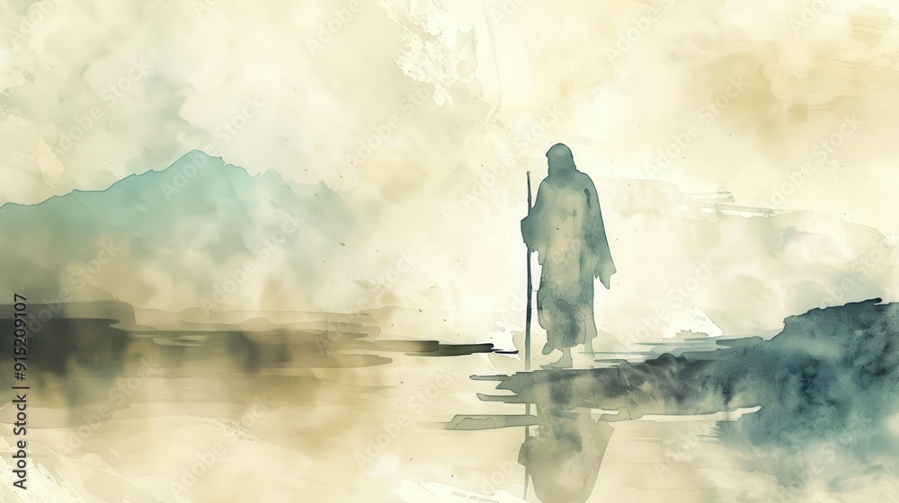 Biblical Illustration of Jesus with a Shepherd's Staff, Watercolor Art ...
