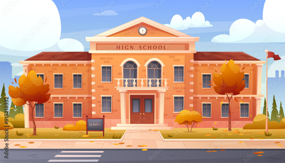 School building in Fall. Vector illustration of High school exterior ...