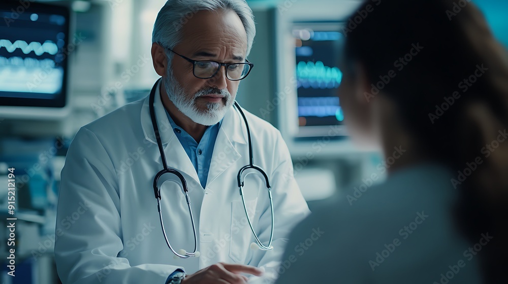 Cardiologist examining patient with advanced medical equipment ...