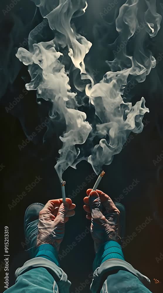 Two hands grip cigarettes and release swirling smoke, showcasing an ...