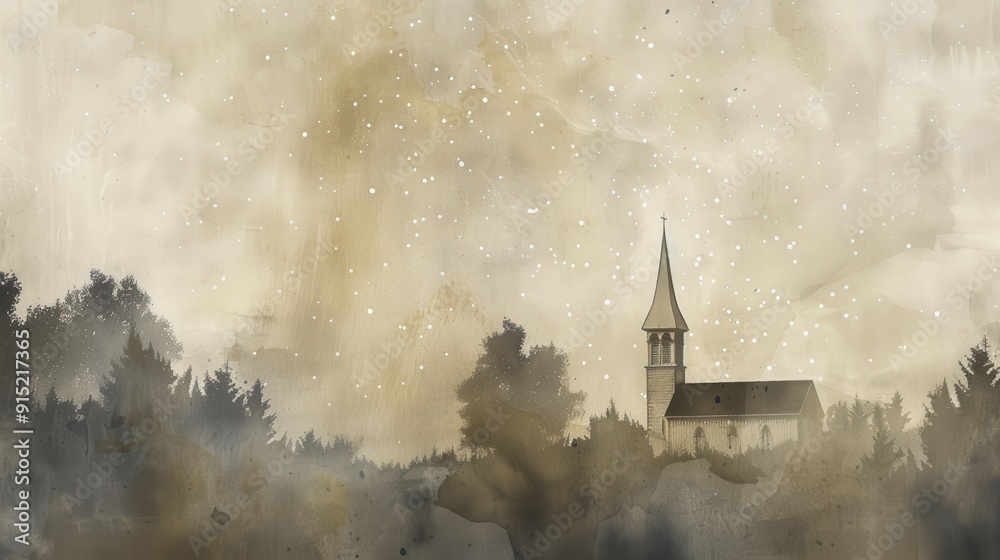 Watercolor Biblical Illustration of a Church Steeple Against a Starry ...