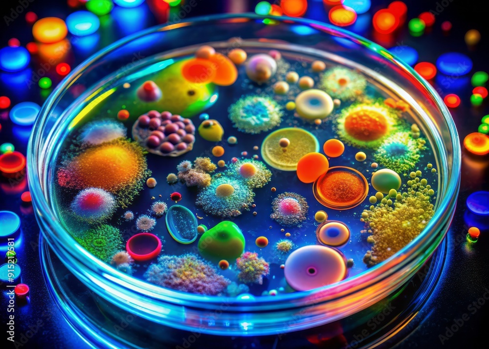 Colorful microscopic view of a petri dish containing a swirling mix of ...