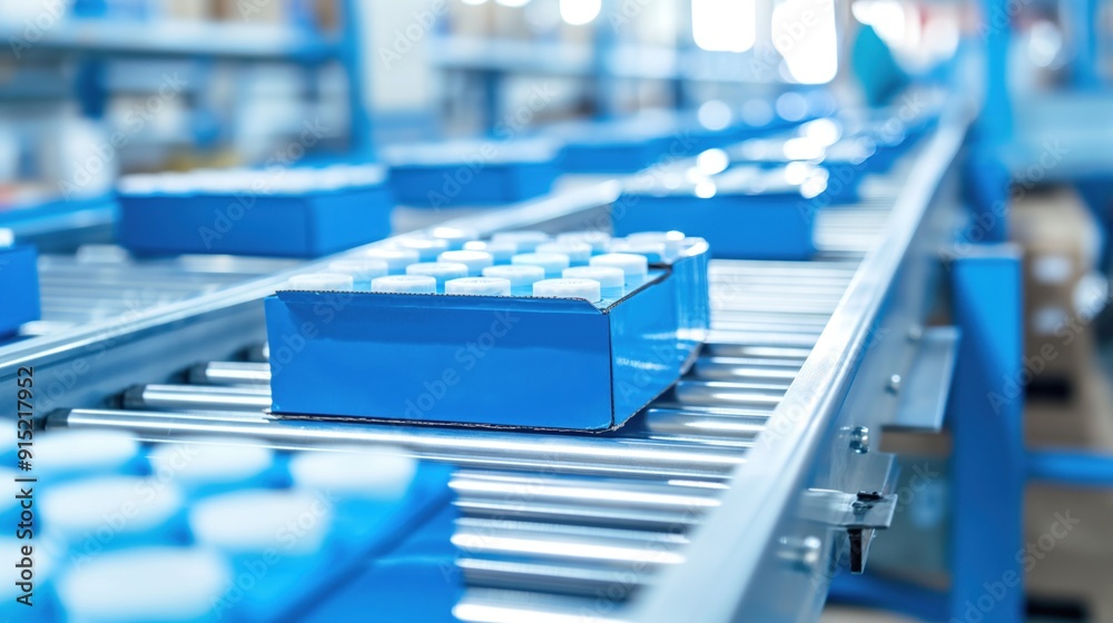 Packages are moving along a conveyor belt in a manufacturing facility ...