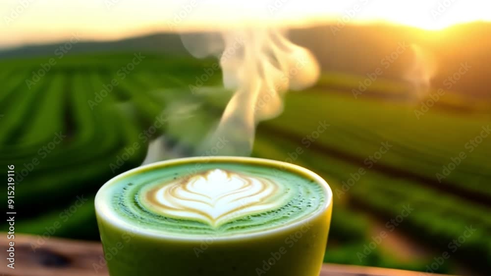 Matcha Latte coffee cup with the background of a tea plantation ...