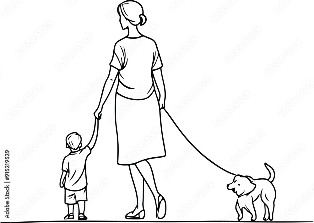 Charming Line Art Illustration of a Woman Taking a Walk with a Dog and ...