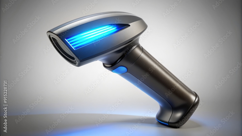 A modern barcode scanner device with bright blue LED light and sleek ...