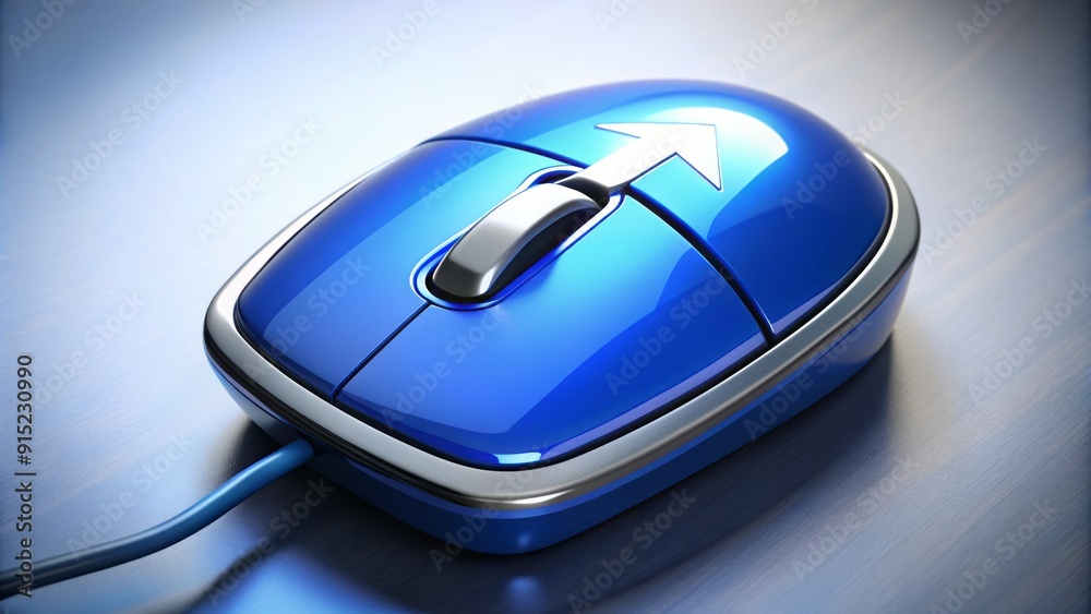 A sleek, modern computer mouse hovering over a shiny blue button with a curved arrow symbol ...