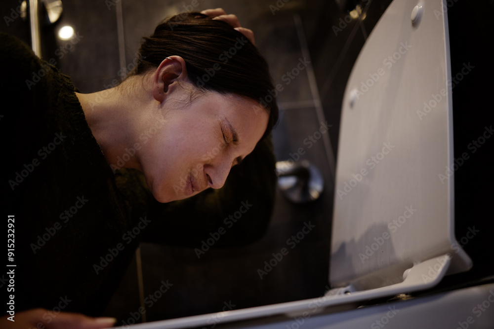 Bathroom, vomit and woman with nausea, floor and symptoms of food ...