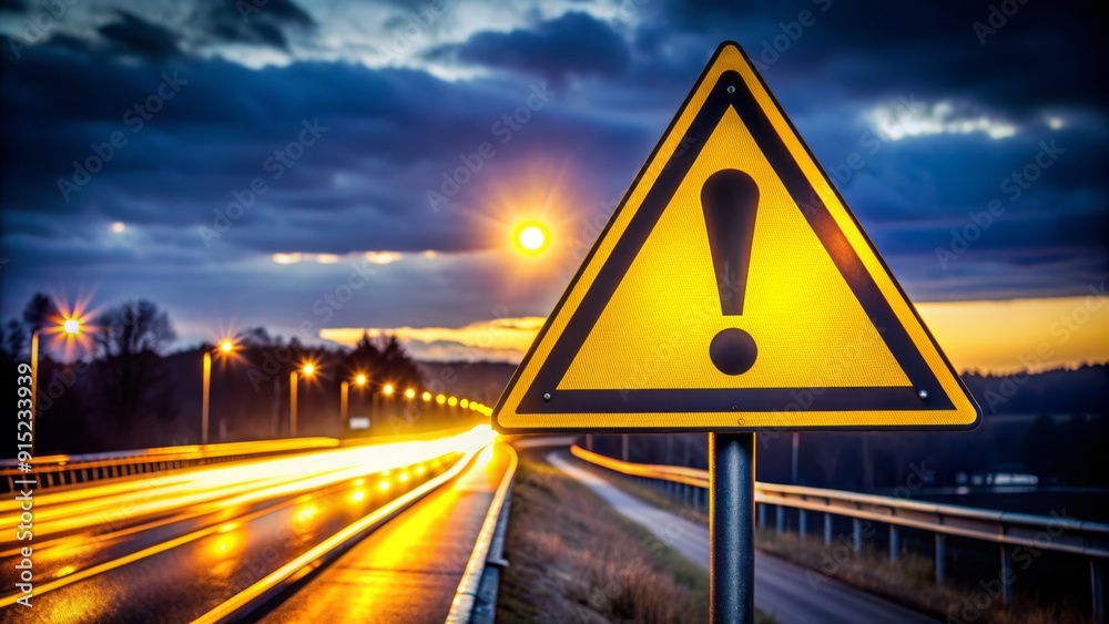 Bright yellow warning lights flashing on a dark highway road sign at ...