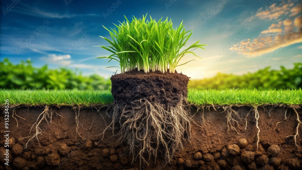 Close-up of a chunk of earth with thick roots of a grass plant ...