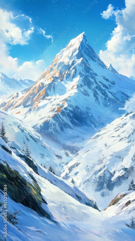 Snowy Peaks in a Winter Wonderland: Anime-Style Mountain Range Towering ...